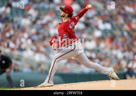 Arizona Diamondbacks starting pitcher Ryne Nelson throws to the Texas Rangers in the first ...