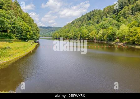 Landscape of Prum river with orange buoys on water surface in Stausee ...