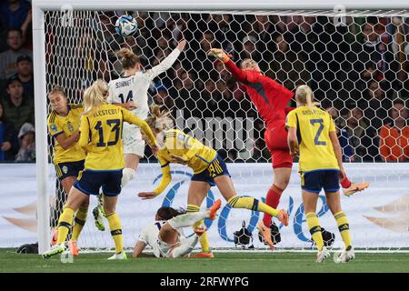 Sweden's goalkeeper Zecira Musovic, top, saves a ball during the Women ...