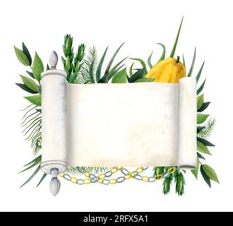 Blank Torah scroll and Sukkot symbols banner tempate watercolor ...