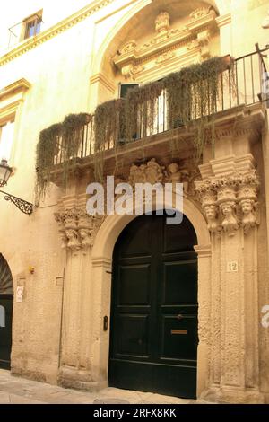 Lecce, Italy. The portal of Palazzo Grassi (b. 1717), with the family ...