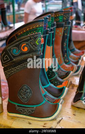 Ulaanbaatar, Mongolia - August 2, 2023: Traditional boots at the ...