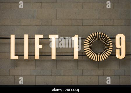 The interior of Lift 109 at Battersea Power Station, combining an ...