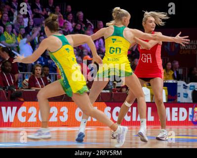 England's Helen Housby (right) in action during the 2023 Netball World Cup final at the Cape ...