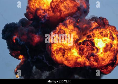 Huge fire eruption, pyrotechnics explosion. Flames. Hot fire and thick ...