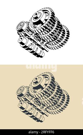 Stylized vector illustration of sequential transmission gearbox Stock ...