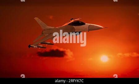 Military aircraft in flight equipped with missiles, combat set-up. F-16 ...