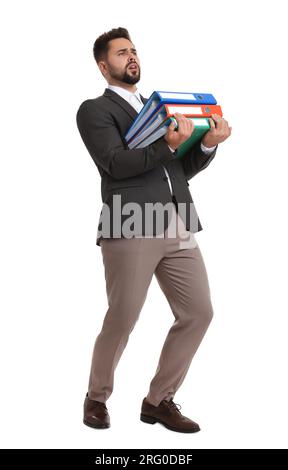 Stressful man with folders walking on white background Stock Photo - Alamy