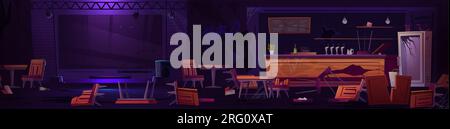 Abandoned bar interior with damaged furniture. Vector cartoon ...