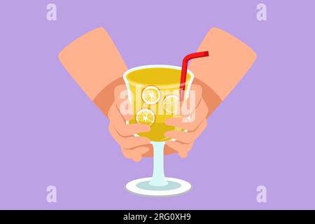 Cartoon flat style drawing lemonade served with ice cubes, hand holding ...
