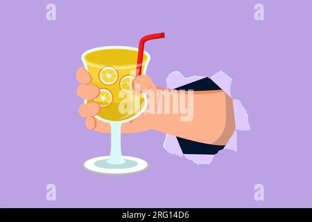 Cartoon flat style drawing lemonade served with ice cubes, hand holding ...