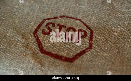 Blocked stamp printed on linen sack. Permitted ban and prohibition ...