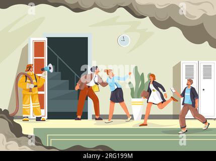 Fire alarm evacuation cartoon concept with fireman instructing kids and ...