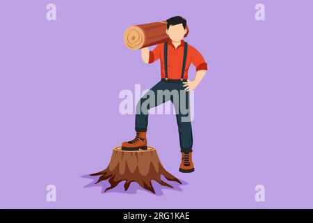 Graphic flat design drawing woodcutter or lumberjack chopping wood with ...
