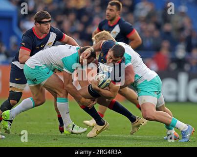 South Africa's Deon Fourie is tackled during the Rugby World Cup ...