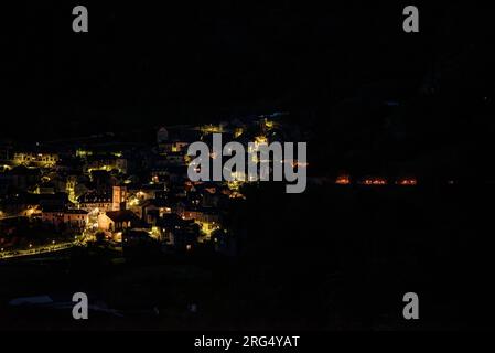 Village of Durro, at night, during the 2023 Falles descent (Vall de Boí ...