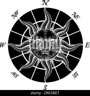 Compass Sun Face Etching Rose Woodcut Drawing Stock Vector Image & Art ...