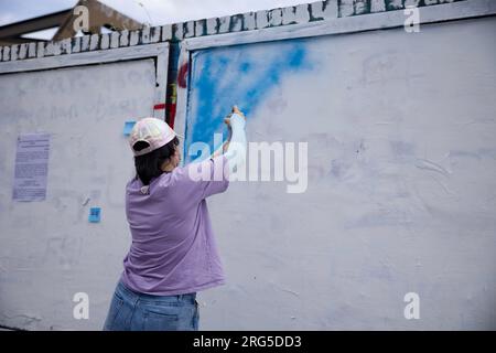 An anti-Chinese government activist seen painting the wall at Brick ...