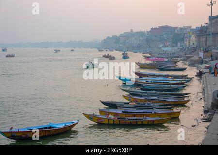 Boats on the River Ganges at Sunrise Varanasi India Stock Photo - Alamy