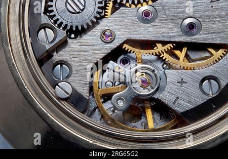 Macro image of the internal working of a pocket watch showing the ...