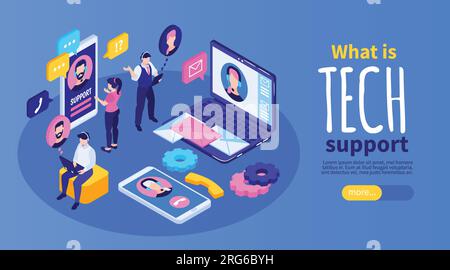 Isometric technical support horizontal composition with isolated human ...
