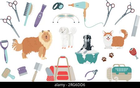 Dog grooming icons set with barber style symbols flat isolated vector ...