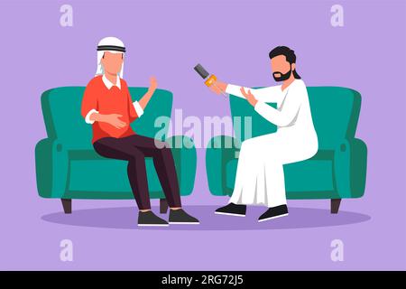 Cartoon flat style drawing Arab male student sitting on chair with desk ...