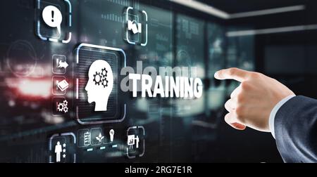Trainning concept. Businessman pressing on touch screen interface ...
