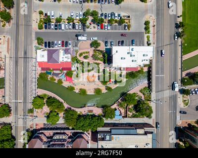 Aerial overhead photo Riverwalk Downtown Pueblo Colorado Stock Photo ...