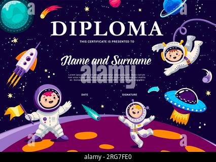 Kids astronaut diploma. Cartoon astronaut characters on space planet ...