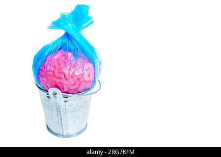Close-up of a human brain wrapped in a blue trash bag and placed inside ...