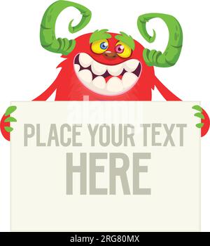 Catoon funny dragon creature holding blank sign with sample text ...
