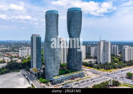 An aerial view of the Absolute world twin tower skyscraper complex in ...