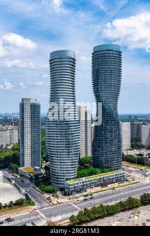 An aerial view of the Absolute world twin tower skyscraper complex in ...
