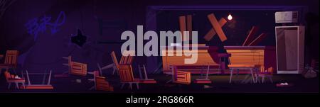 Abandoned bar interior with damaged furniture. Vector cartoon ...
