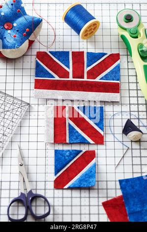 Parts of future pincushion viewing like union jack flag, sewing ...