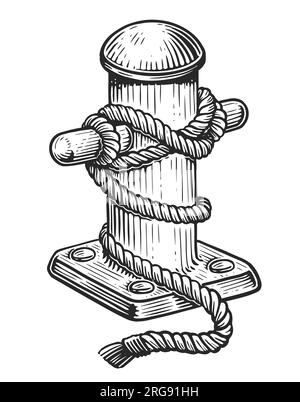 Mooring bollard with ship rope. Marine concept. Sketch vintage ...