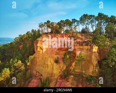 Aerial drone view of famous Ochre path (Sentier des Ocres in French ...