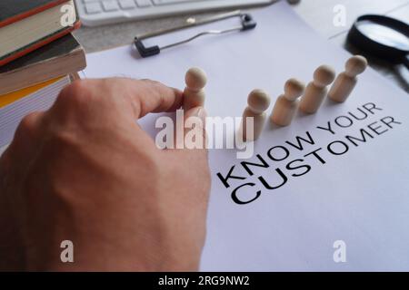Hand pick wooden doll on paper clipboard with text KNOW YOUR CUSTOMER ...
