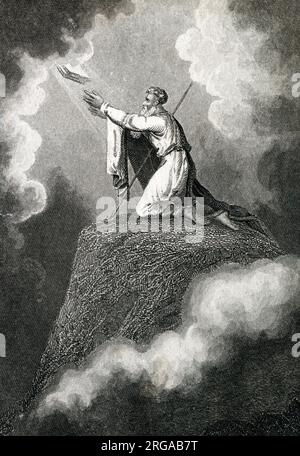 ENGRAVING OF MOSES RECEIVING THE TEN COMMANDMENTS FROM GOD ON MOUNT ...