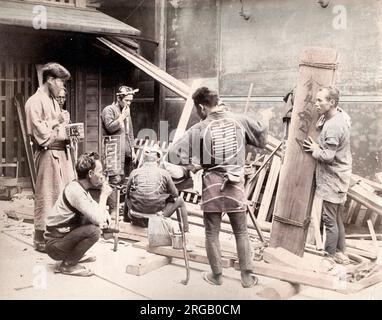[ 1890s Japan - Japanese Carpenters ] — Carpenters at work in a village ...