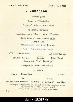 Cunard White Star, RMS Queen Mary, Luncheon Menu, cover design, 2 June ...