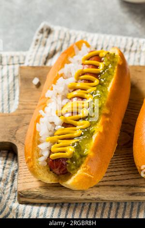 Char Grilled Hot Dog with Mustard Relish and Onion Stock Photo - Alamy