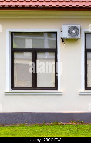 An outdoor air conditioning unit has been installed on house exterior ...
