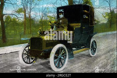 Early electric taxi cab. Historical artwork of the Bersey taxi cab, an ...