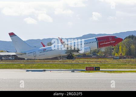 Norwegian plane Boeing 737 taking off from Bergen Airport, Norway Stock ...