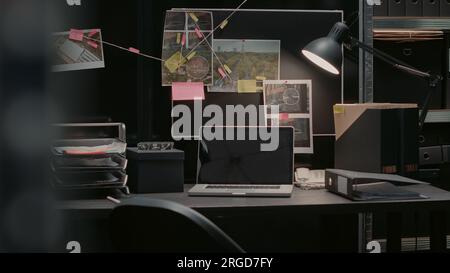 Empty incident room filled with clues and case files, evidence map with ...