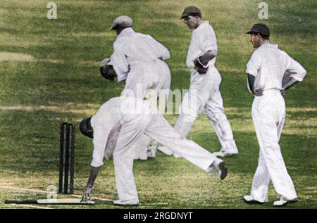 Fingleton batting for New South Wales, hit by a rising ball from Voce ...