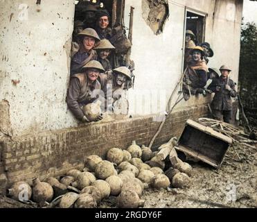 British soldiers in a bombed building on the Western Front in France ...