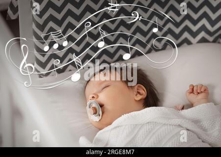 Lullaby songs. Cute little baby sleeping at home. Illustration of ...